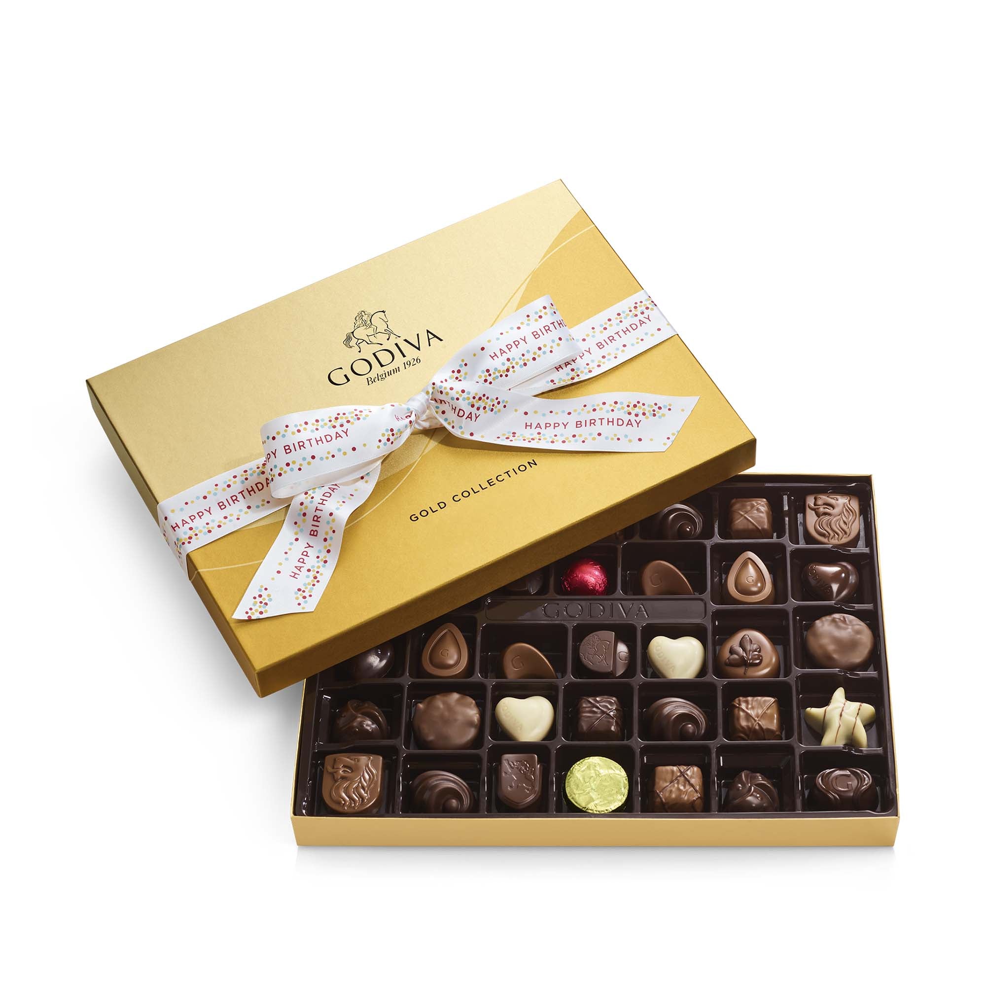 Assorted Chocolate Gold Gift Box, Happy Birthday Ribbon, 36pc. | GODIVA