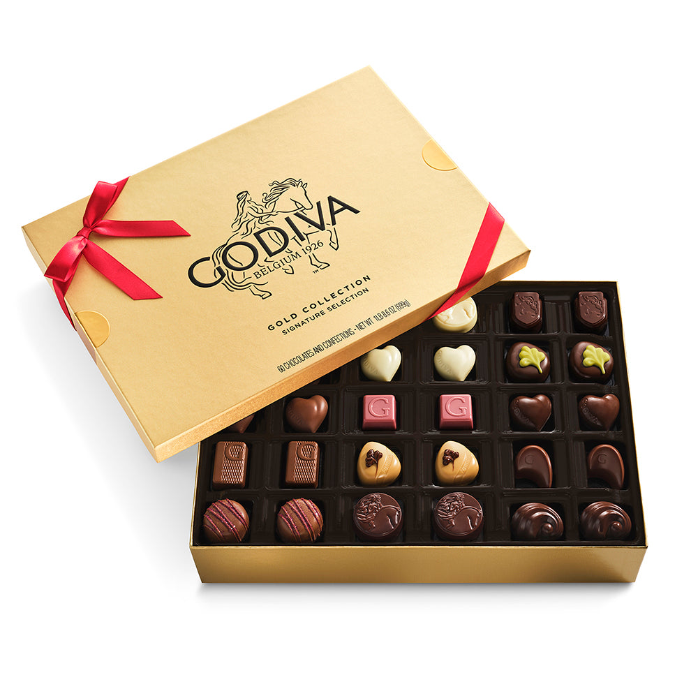 Assorted Chocolate Gold Gift Box, Red Ribbon, 60pc. | GODIVA – GODIVA ...