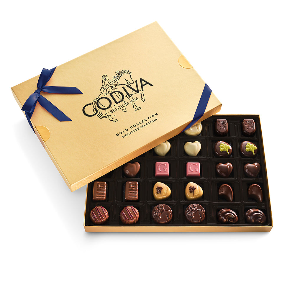 Assorted Chocolate Gold Gift Box, Navy Ribbon, 30pc. | GODIVA – GODIVA ...